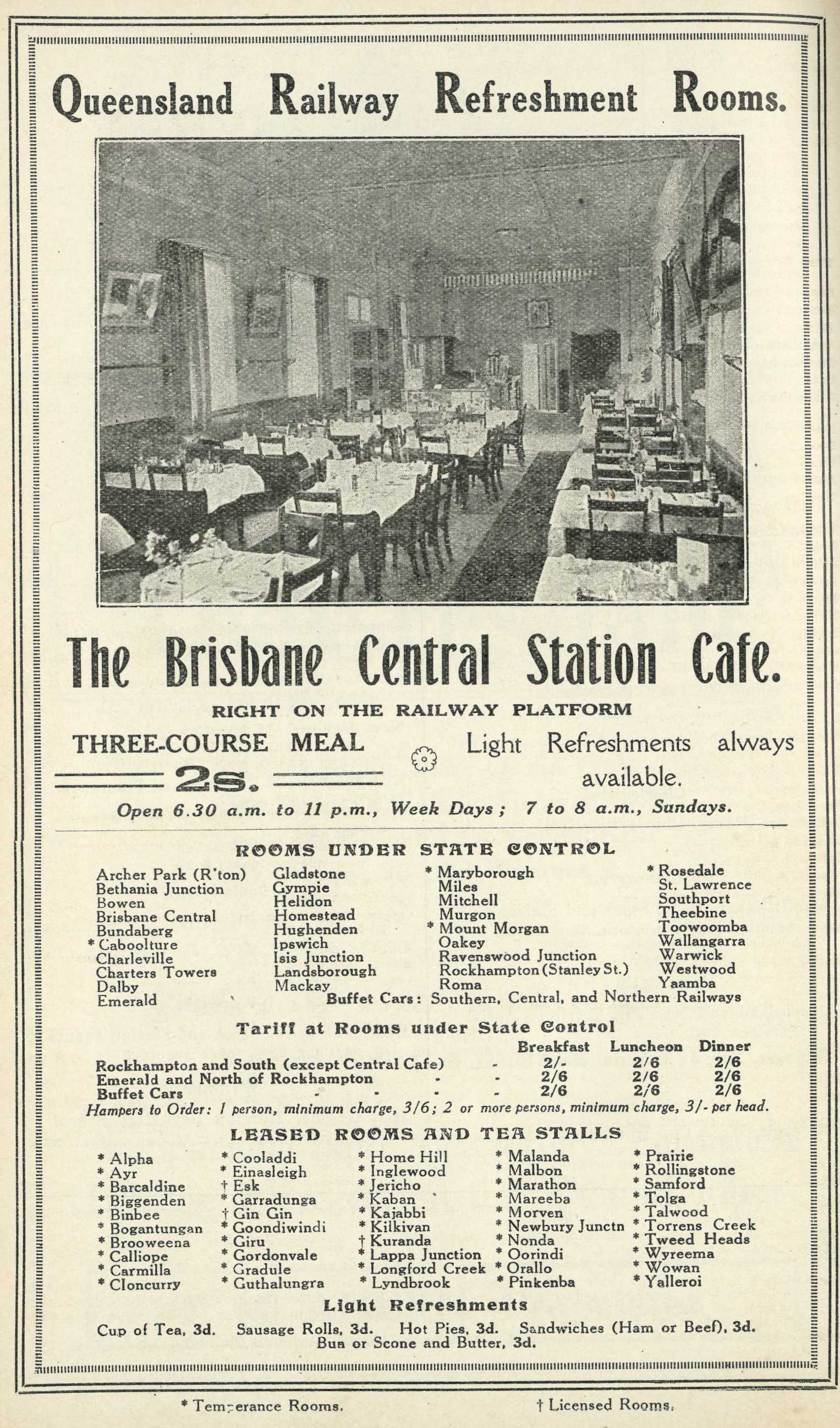 Advertisement showing list of Refreshment Rooms, Queensland, 1925 ...