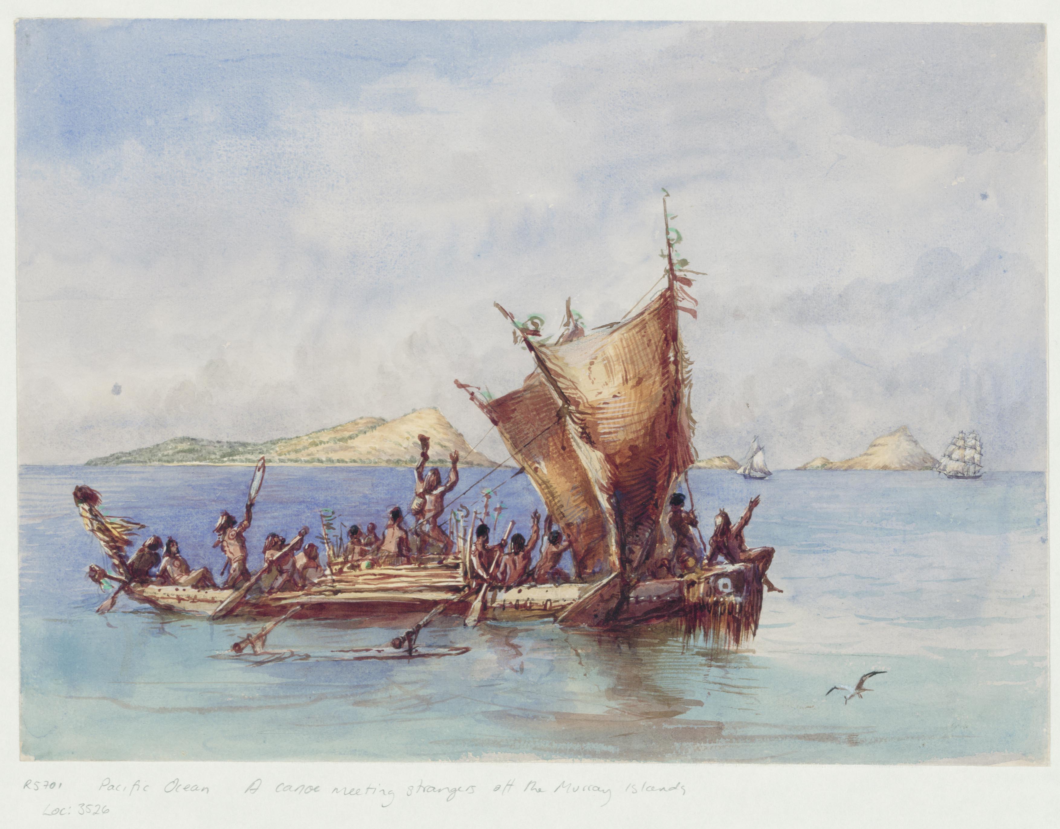Pacific Ocean, a native canoe meeting strangers off the Murray Islands ...